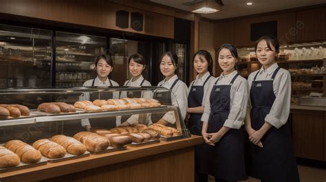 Group Of Young Pastry Assistants In Front Of Buns Bakers Middle Female