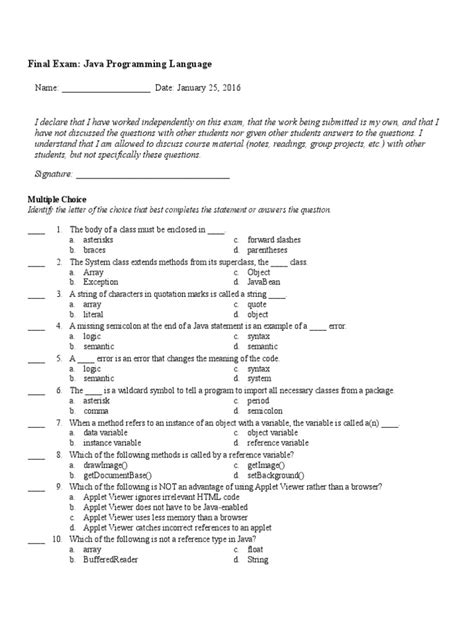Final Exam Questions Pdf Java Programming Language Class Computer Programming