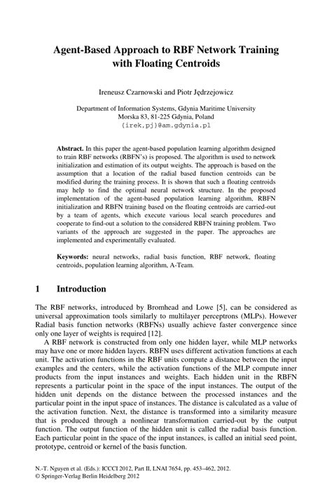 Pdf Agent Based Approach To Rbf Network Training With Floating Centroids