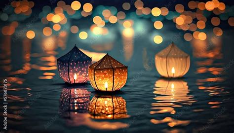 Paper Lanterns Float On Water Floating Lantern Festival Memorial Day