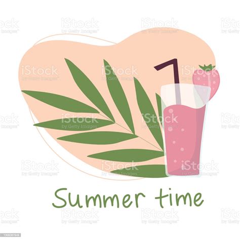 여름 상쾌한 과일 칵테일 간단한 유리 잔과 빨대에 무알코올 음료 신선한 스무디와 신선한 과일 조각이 야자수 잎을 배경으로 합니다 건강한 비건 음식 벡터 플랫 0명에 대한