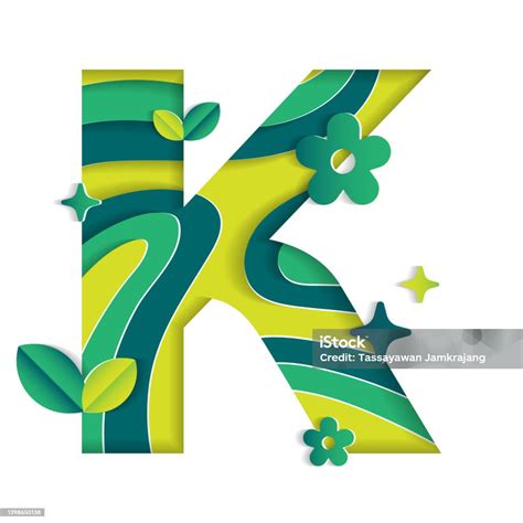 K 알파벳 문자 환경 환경 일 잎 글꼴 편지 만화 스타일 추상 종이 반짝임 샤인 그린 마운틴 지리 윤곽선 맵 3d 종이 레이어