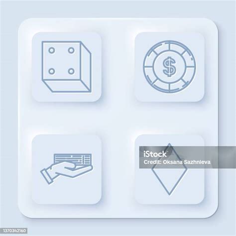 세트 라인 게임 주사위 달러 기호와 카지노 칩 카드 놀이와 다이아몬드 기호와 카드 재생의 손을 들고 갑판 흰색 정사각형 버튼
