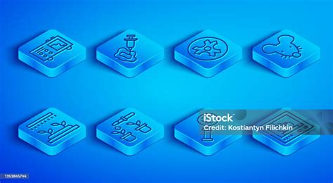 세트 라인 분광계 주사기 생물 위험 기호 파이펫 및 식물 돋보기 아래 미생물 실험 마우스 자동 관개 스프링클러 및 3d 프린팅 기술 아이콘 벡터 0명에 대한 스톡 벡터 아트