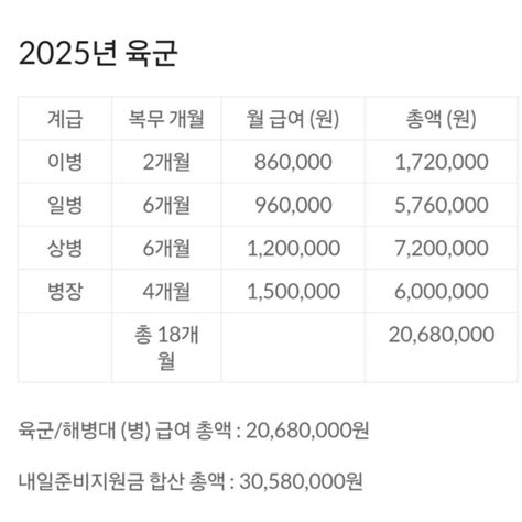 2025년 군인 병사 월급 병장 상병 일병 이병 군인봉급표 하사 소위 월급 네이버 블로그