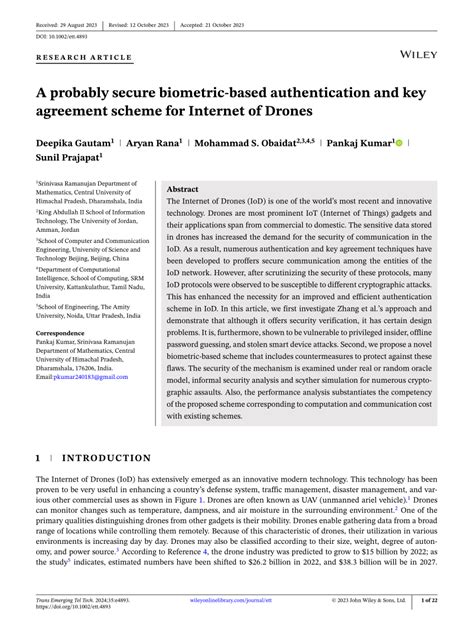 A Probably Secure Biometric‐based Authentication And Key Agreement Scheme For Internet Of Drones