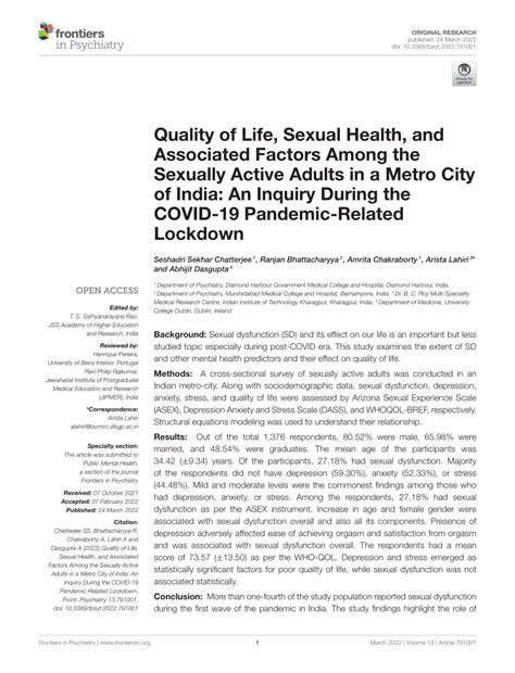 PDF Quality Of Life Sexual Health And Associated Factors Among The Sexually Active Adults In