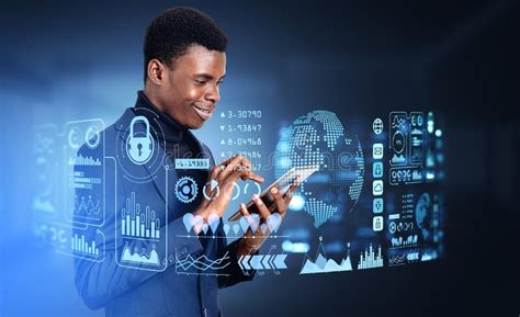 African Businessman Touching Tablet Global Business Data Hud With