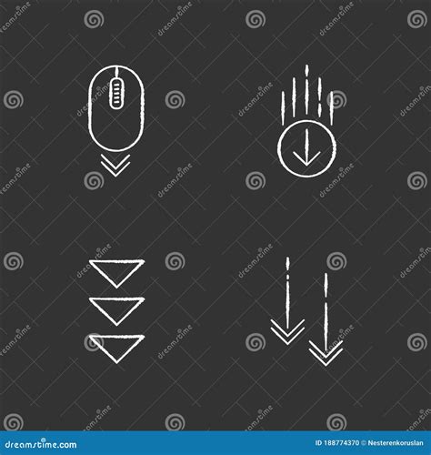 Scrolling Down Chalk White Icons Set On Black Background Moving Arrows Stock Vector