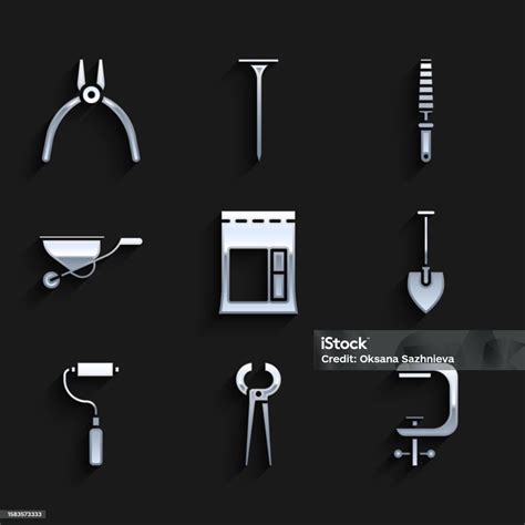 시멘트 가방 집게와 펜치 클램프 나사 도구 삽 페인트 롤러 브러시 수레 나무 끌 및 펜치 아이콘을 설정합니다 벡터 갈고리 발톱에 대한 스톡 벡터 아트 및 기타 이미지