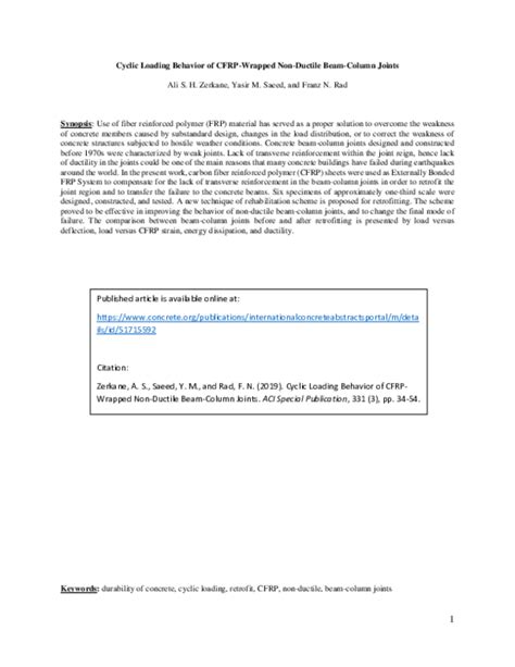 Pdf Cyclic Loading Behavior Of Cfrp Wrapped Non Ductile Beam Column Joints
