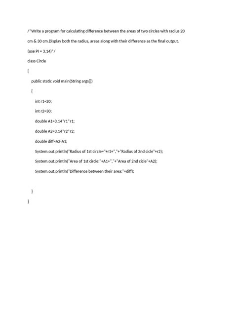 Write A Program For Calculating Difference Between The Areas Of Two Circles With Radius 20 Pdf