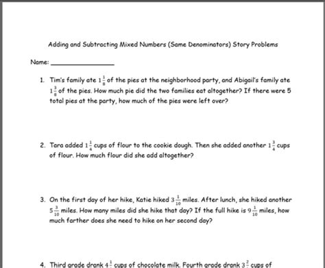 Adding And Subtracting Mixed Numbers Same Denominator Word Problems Worksheet