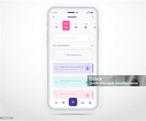 모바일 앱 캘린더 플래너 개념 약속 캘린더 템플릿 Ui Ux 스마트폰 일정 일정 일정 일정 연간 계획 회의 애플리케이션 캘린더 이벤트 액티비티 이벤트 앱 벡터폰 1월에 대한