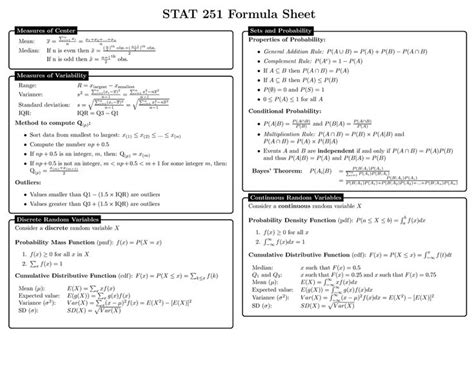 Statistics Formula Sheet Stat 251 Formula Sheet