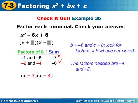 7 3 Factoring X2 Bx C Warm Up Lesson Presentation Lesson Quiz Ppt