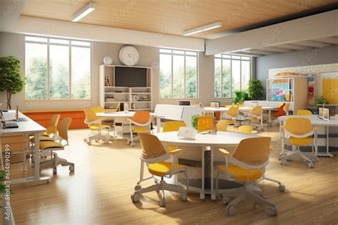 Collaborative And Flexible School Classroom With Movable Furniture And Group Work Areas