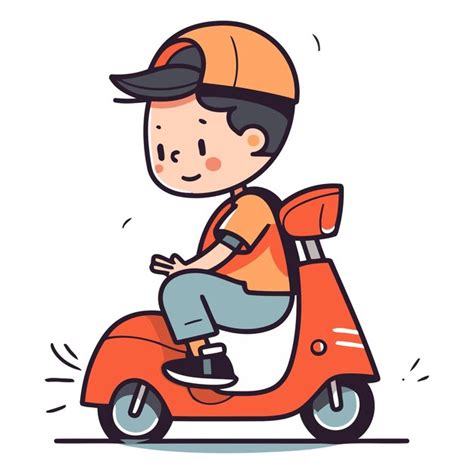 스쿠터를 타는 귀여운 작은 소년 터 만화 일러스트레이션 프리미엄 벡터