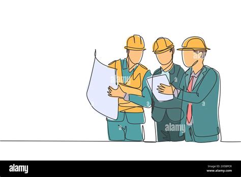 One Continuous Line Drawing Of Young Architect Manager And Engineer