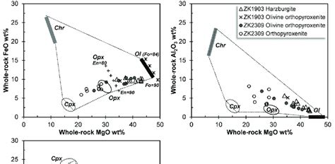 Binary Plots Of Mgo Vs Feo A Al 2 O 3 B And Cao C Of The Download Scientific Diagram