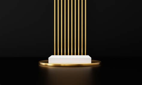 검은 배경에 고립 된 흰색 받침대의 3d 렌더링 골드 프레임 럭셔리 미니멀리스트 모형 프리미엄 사진