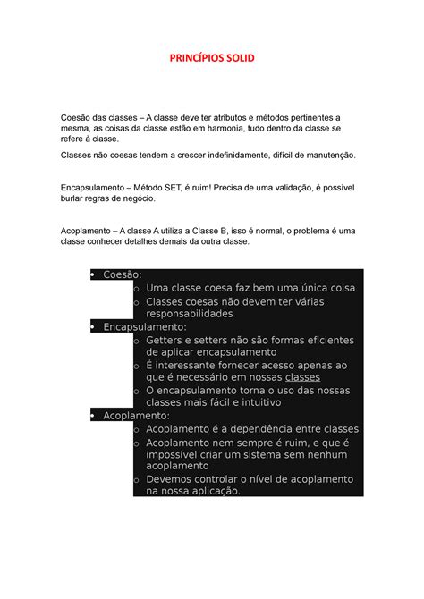 Princípios Solid PrincÍpios Solid Coesão Das Classes A Classe Deve