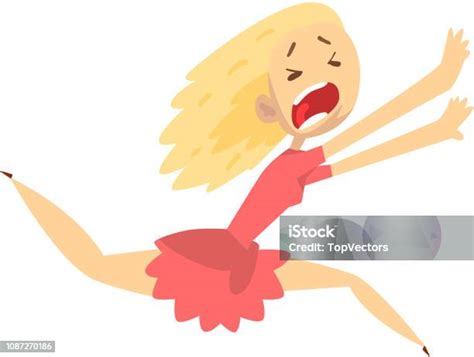 무서 워 하 고 당황 여자 실행 하 고 외치고 감정적인 젊은 여 자가 뭔가 두려워 흰색 배경에 그림을 벡터 걱정하는에 대한 스톡