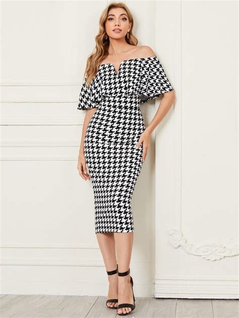 Shein Modely Flounce Sleeve Off Shoulder Houndstooth Bodycon Dress
