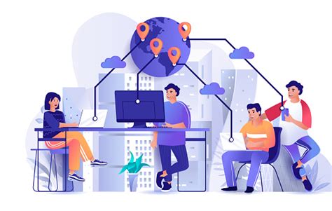 플랫 디자인의 회사 개념을 아웃소싱합니다 원격 작업자는 프로젝트 장면 템플릿에서 함께 작업합니다 원격 관리 프리랜서 작업 회사