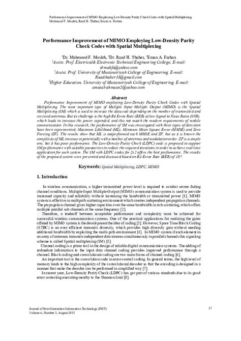 Pdf Performance Improvement Of Mimo Employing Low Density Parity Check Codes With Spatial