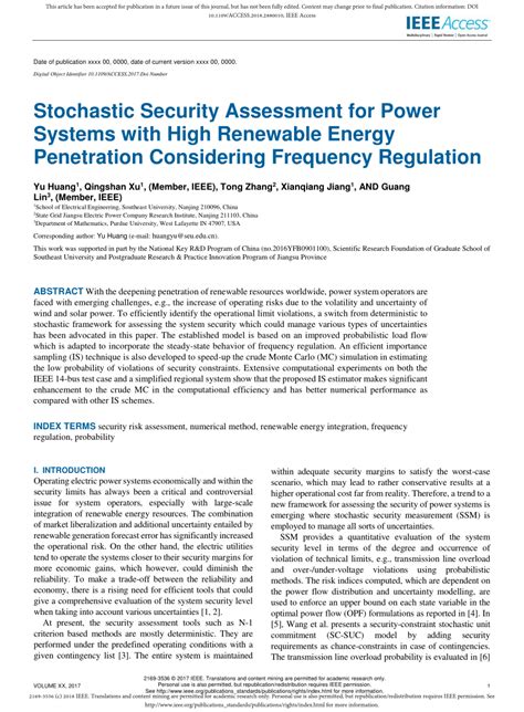 Pdf Stochastic Security Assessment For Power Systems With High