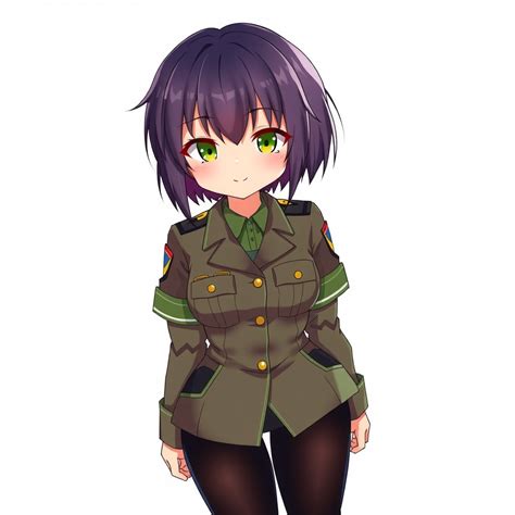 Anime Style Black Hair Military Uniform Girl Green Eyes Smiling Full