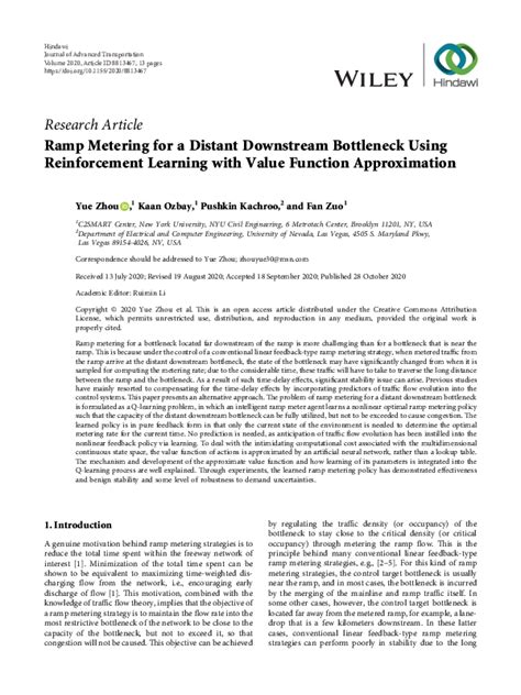 Pdf Ramp Metering For A Distant Downstream Bottleneck Using Reinforcement Learning With Value