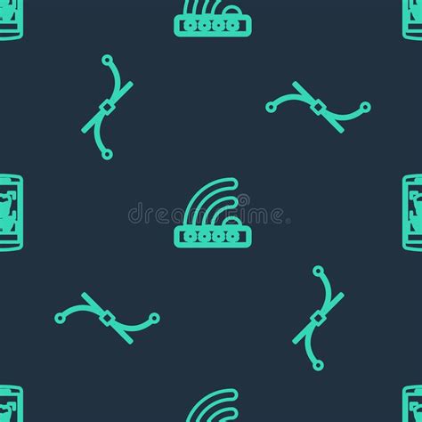 Set Line Wifi Locked Bezier Curve And Mobile And Face Recognition On Seamless Pattern Vector