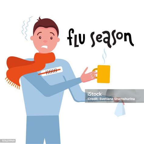 문자 독감 시즌과 온도아픈 사람의 그림 물티슈 손수건 차 찻잔 온도계를 들고 감염 알레르기 독감 또는 발열아픈 인플루엔자 감기에