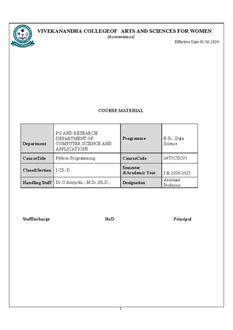 Unit I Data Science Notes Autonomous Effective Date 01 Course Material
