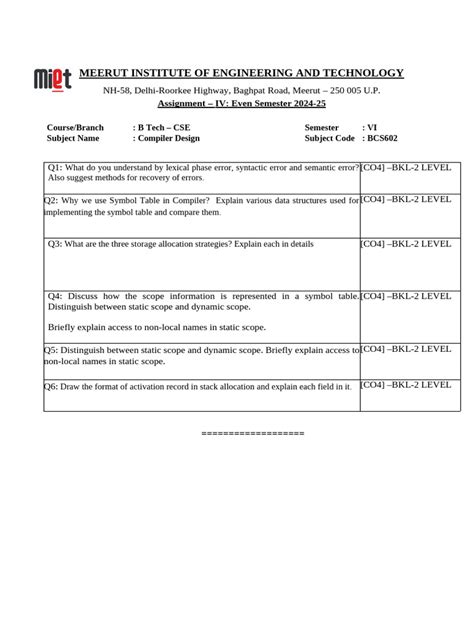 Assignment 4th Compiler Design Pdf