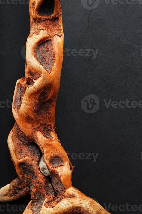Textured Curved Wooden Snag Of Brown Color With Texture On A Black Background With Free Space