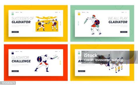 콜로세움 아레나에서 야만인과 싸우는 검투사 캐릭터 관광 마차 랜딩 페이지 템플릿 세트를 타고있는 사람들 로마 전사 전투 중세