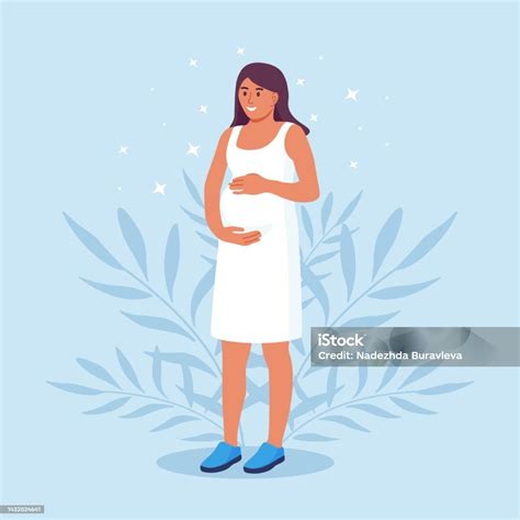 행복한 임신과 모성 아름다운 젊은 임산부는 그녀의 배를 잡고 엄마는 출산을 기대 가족에 대한 스톡 벡터 아트 및 기타 이미지