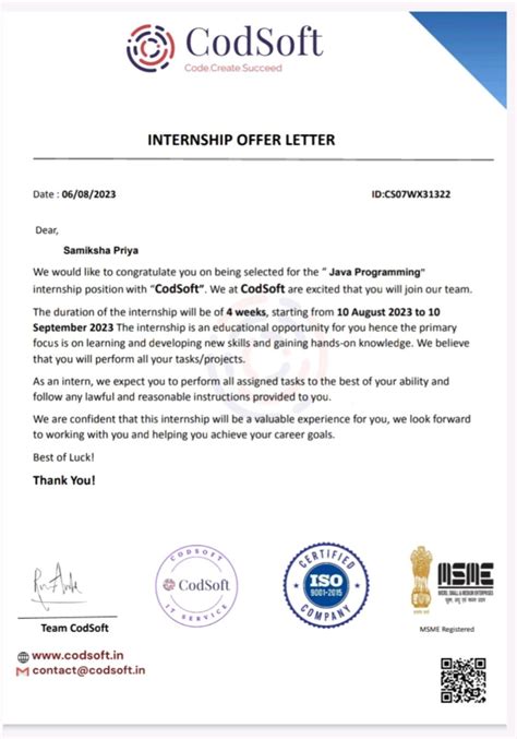 samiksha priya on linkedin internship gratitude codsoft dreamteam