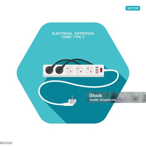 빨간색 스위치 4 개의 Usb 포트 두 개의 플러그 연결 및 청록색 배경에 그림자 현대 5 소켓 전기 연장 코드 유형 F의 벡터 육각형 아이콘 0명에 대한 스톡 벡터 아트