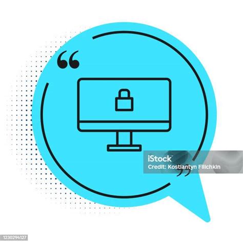흰색 배경에 격리 된 컴퓨터 모니터 화면 아이콘에 검은 선 잠금 보안 안전 보호 개념 안전한 인내 파란색 음성 풍선 기호입니다 벡터 일러스트레이션 개념에 대한 스톡 벡터