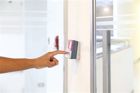 Proximity Card Reader Door Unlock Close Up Hand Security Man Using Fingerprint Scanning On