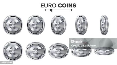 돈입니다 유로 3d 실버 동전 벡터를 설정합니다 현실적인 그림입니다 다른 각도 플립 돈 프런트 사이드입니다 투자 개념입니다 동전 아이콘 기호 성공 현금 기호 은행 융자 통화