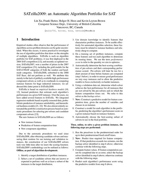 Satzilla 2009 An Automatic Algorithm Portfolio For Sat Hoos And Kevin Leyton Brown Computer
