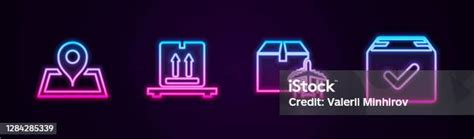 지도에 라인 자리 표시자 골판지 상자 팔레트 평면 및 골판지 및 체크 표시와 패키지에 설정합니다 빛나는 네온 아이콘 벡터 등고선에 대한 스톡 벡터 아트 및 기타 이미지