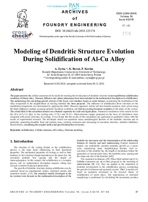 Pdf Modeling Of Dendritic Structure Evolution During Solidification Of Al Cu Alloy