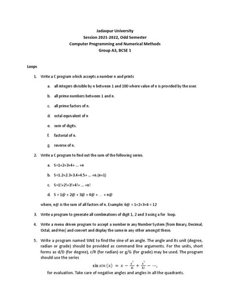 Jadavpur University Session 2021 2022 Odd Semester Computer Programming And Numerical Methods