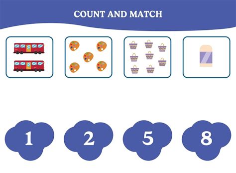 숫자를 세고 짝을 맞추는 어린이를 위한 교육용 수학 게임 미취학 아동을 위한 인쇄 가능한 워크시트 디자인 프리미엄 벡터